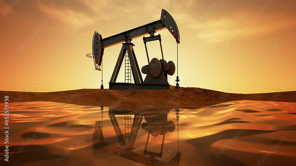 Ground-level view capturing the shadow of a towering oil rig, projected ...