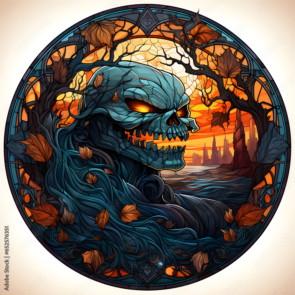 stained glass circular halloween, white background, scary spooky ...