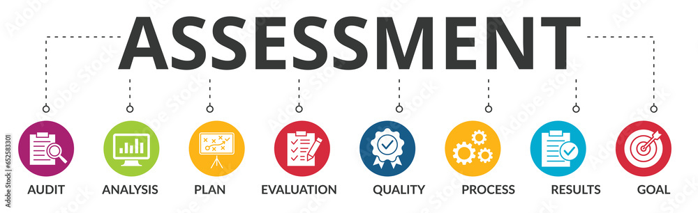 Assessment banner web icon vector illustration for accreditation and evaluation method on ...