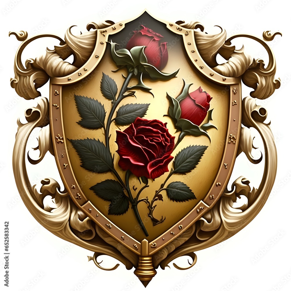 eraldic medieval style coat of arms representing a single red rose in ...