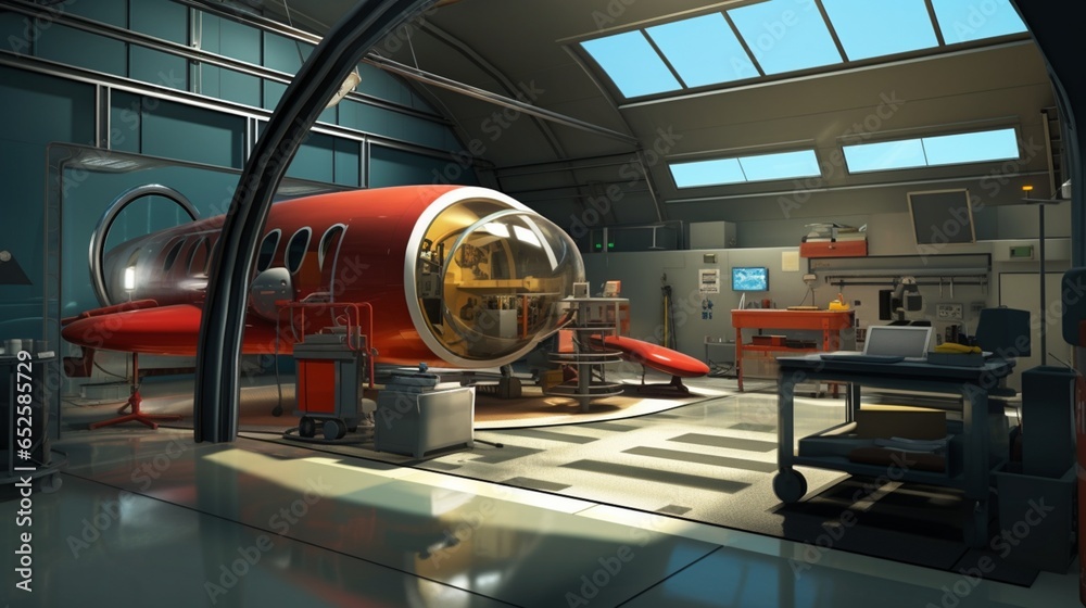 an aerospace research lab with wind tunnels, engineers, and aerodynamic ...