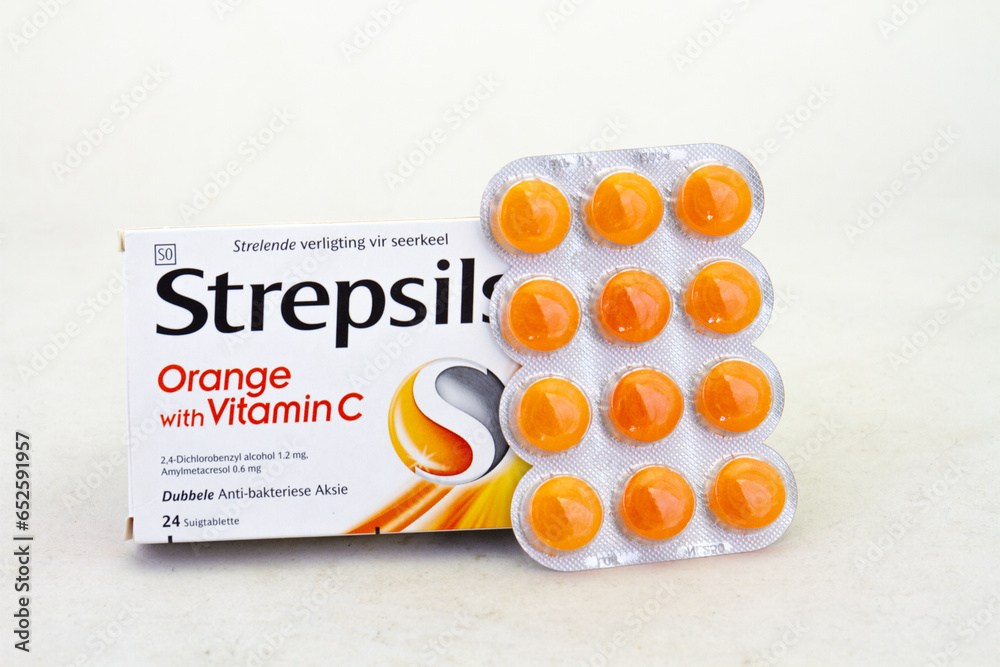 Johannesburg, South Africa - a packet of orange flavor Strepsils ...