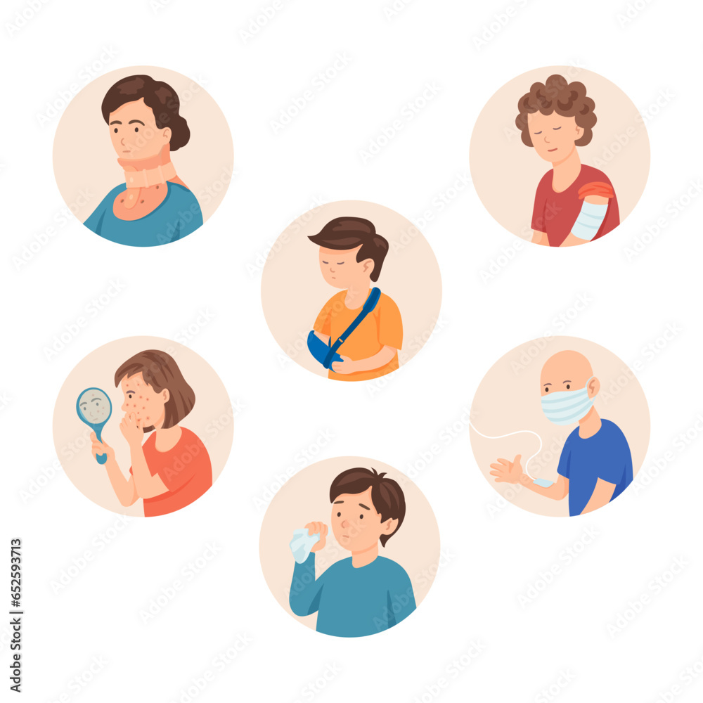 People or kids with disease symptoms vector illustrations set ...