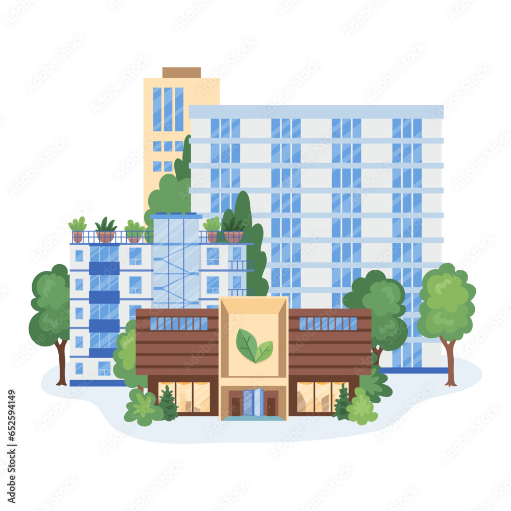 Buildings and green trees for cityscape vector illustrations set ...