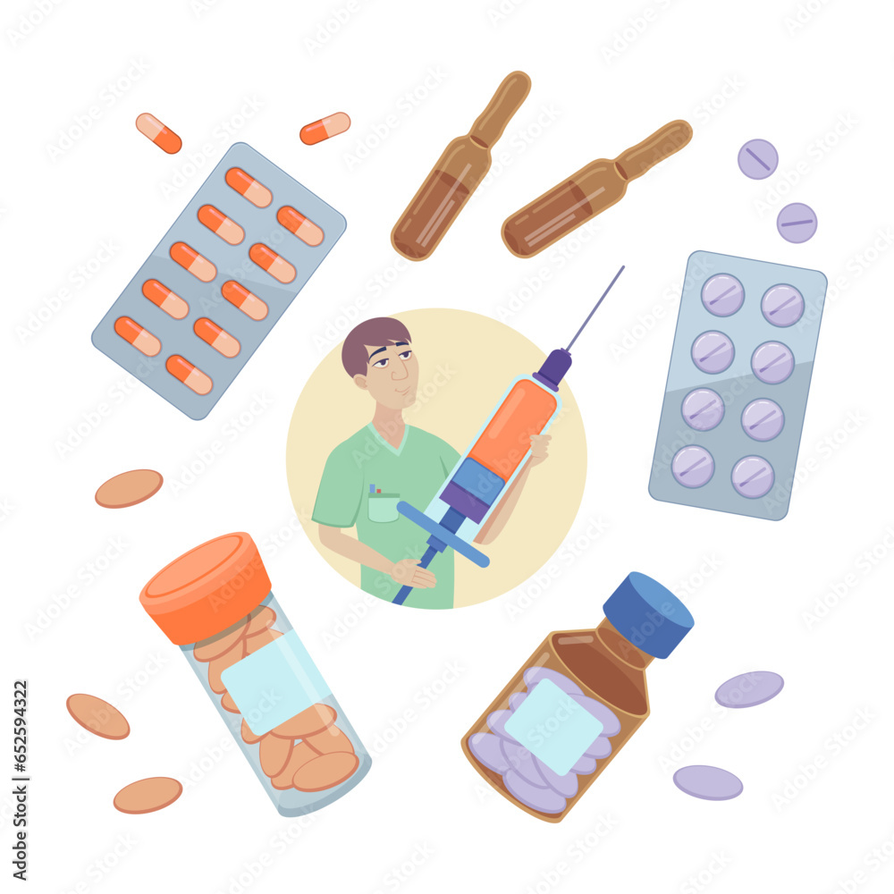 Doctor with syringe and pills vector illustrations set. Collection of ...