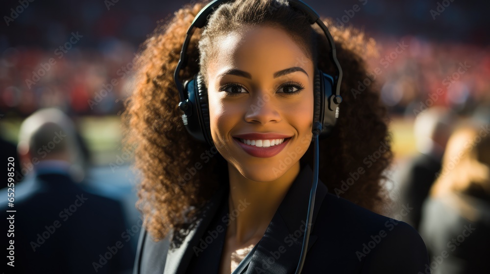 Beautiful black woman sideline analyst holding microphone on the ...