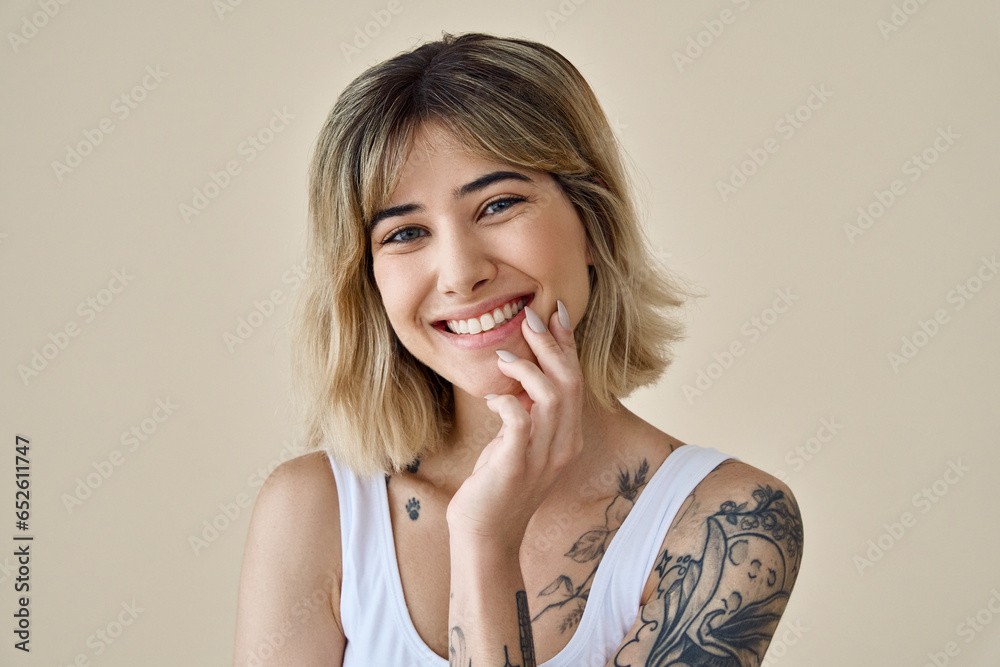 Happy blond pretty happy girl beauty female model with short blonde ...