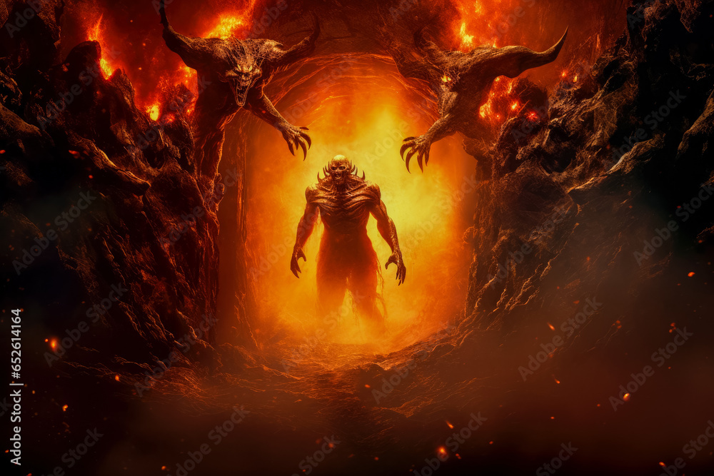 Scary monster with horns coming out of the cave. Halloween concept ...