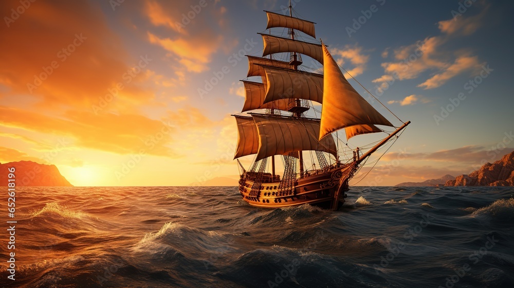 A Side view of an ancient junk ship, side view of a golden ancient junk ...