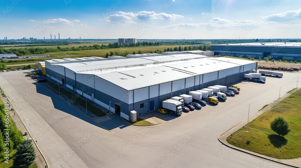 Aerial view of industrial structure, large factory with lots of space ...