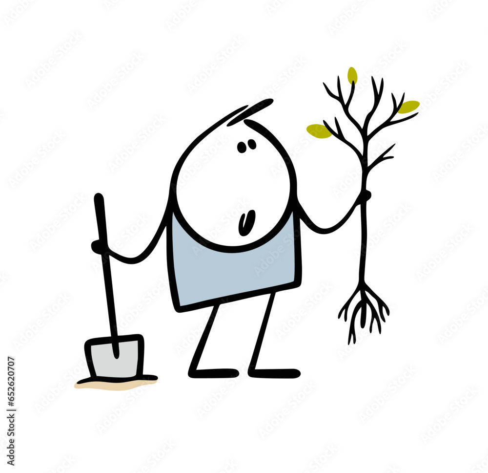 Cartoon young gardener holds a sapling of a tree with green leaves in ...