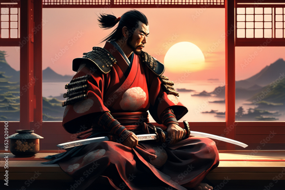 a japanese samurai sitting in a japanese castle with his back to the ...