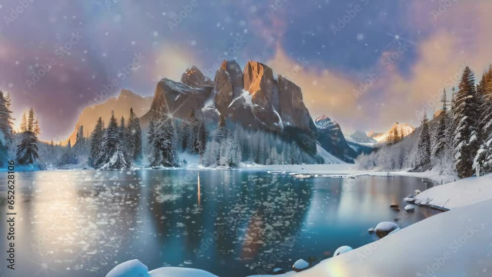 Winter snowy with mountains and lake panorama, Seamless Animation Video ...