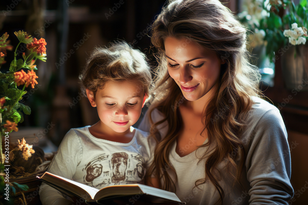 Thoughtful young mom immersed in a baby book, reflecting on motherhood ...