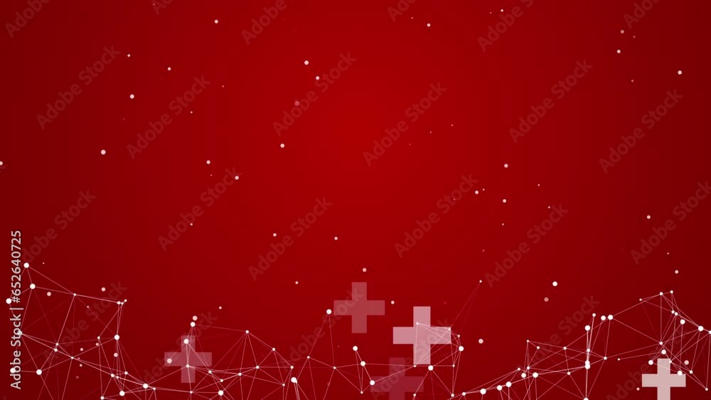 Red medical background with white small flying particles, crosses and ...