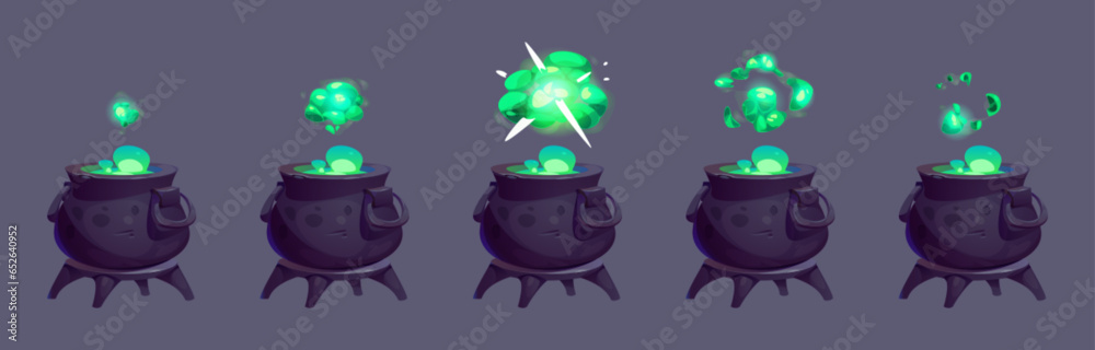 Magic potion boiling in old cauldron. Vector cartoon illustration of ...