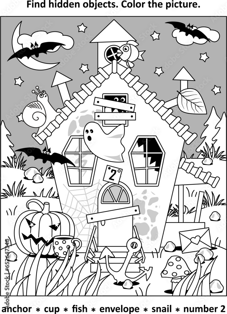 Find hidden objects picture puzzle and coloring page. Halloween haunted ...