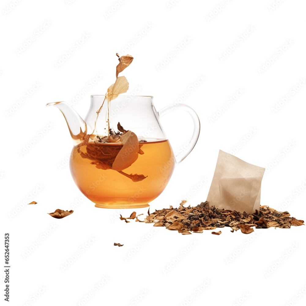 Transparent Watercolor glass teapot ,mug with packed teabag, herbal tea ...