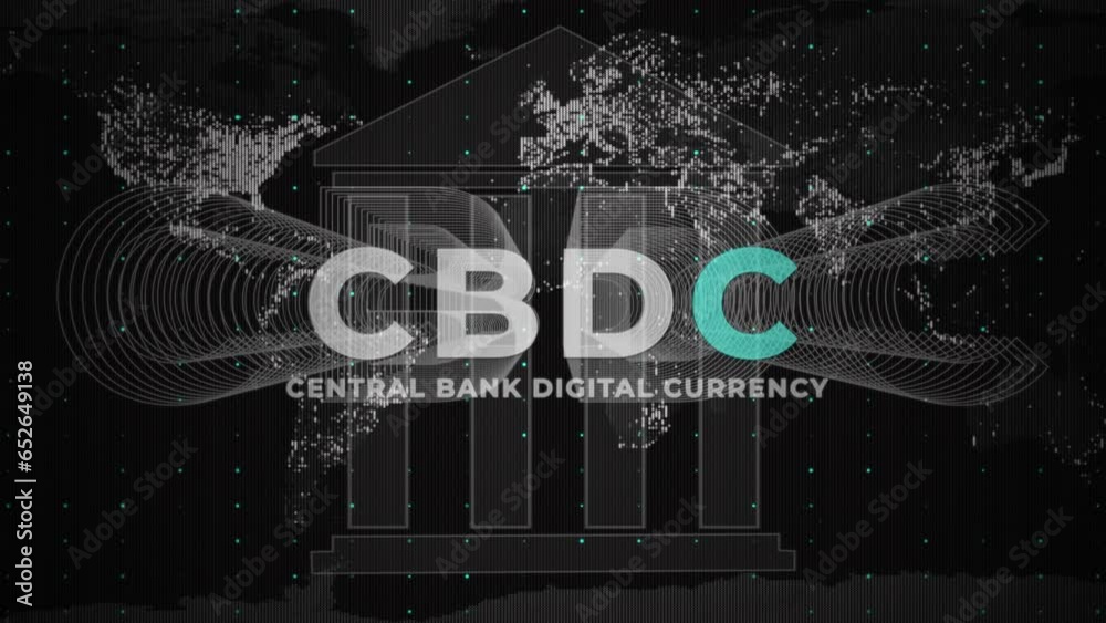 Central bank digital currency (CBDC) text on a world map background ...