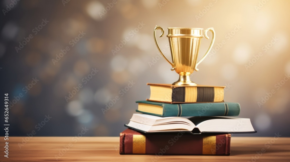 Stack of books with golden cup trophy and medal background. Stock ...