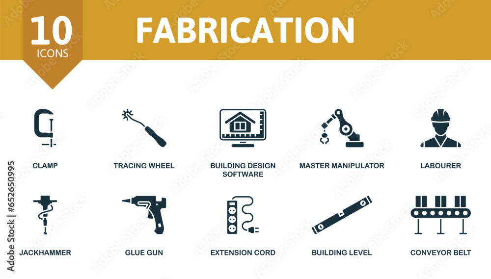 Fabrication set. Creative icons: clamp, tracing wheel, building design ...