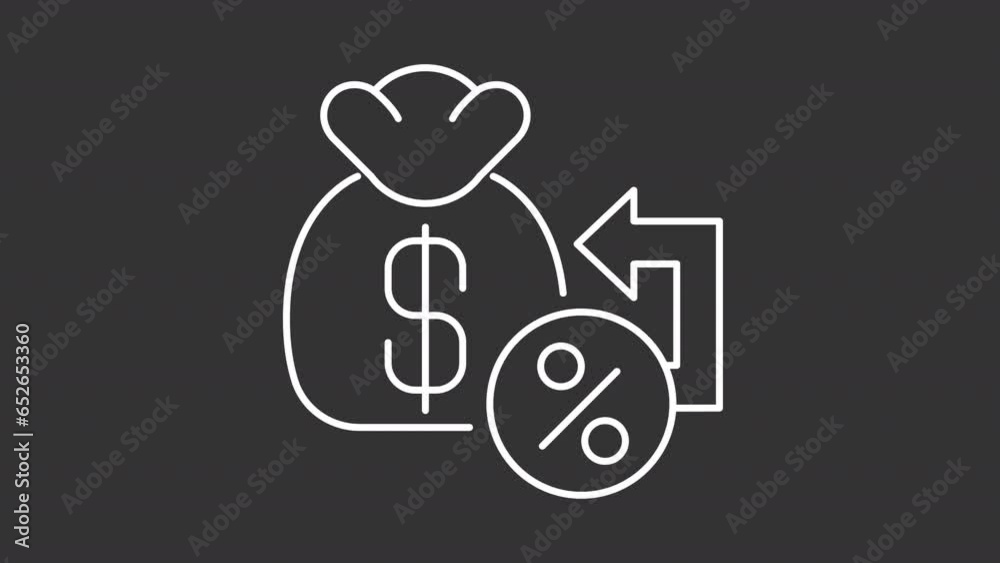 Tax return white line animation. Money bag and percentage sign with ...