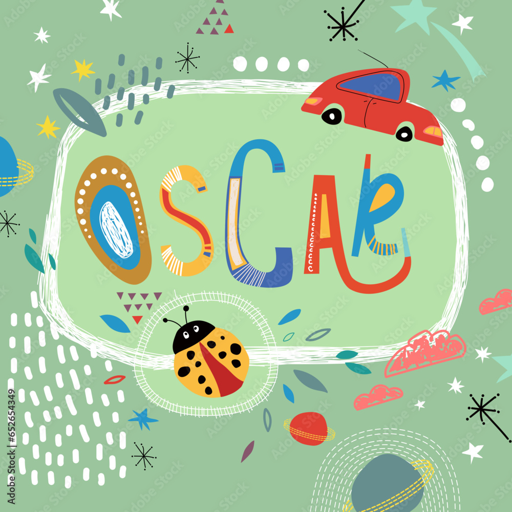 Bright card with beautiful name Oscar in planets, car and simple forms ...