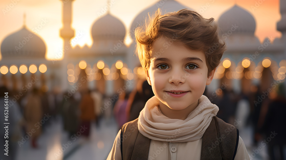 Portrait of young muslim boy smiling and standing in front of a mosque ...