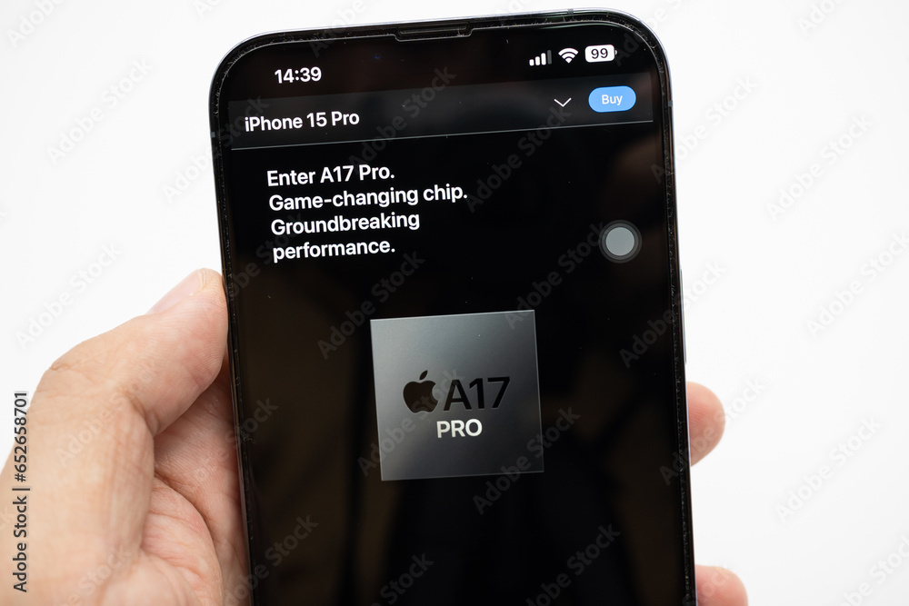 Discovering the latest iPhone 15 pro with a17 pro processor logo. The ...