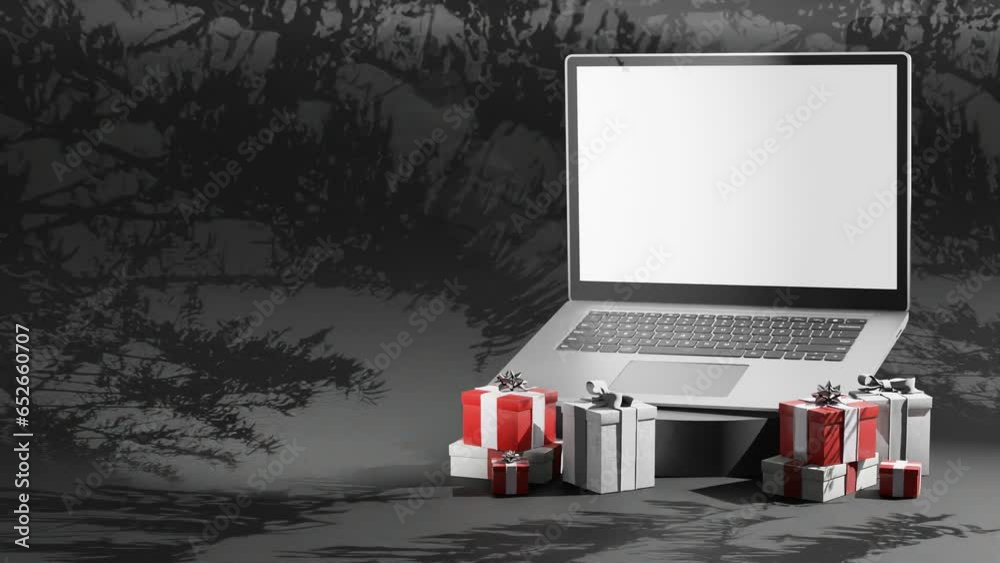 3d animation of new modern laptop black screen on gift boxes for e ...