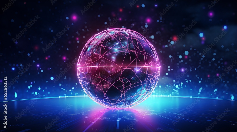 technological progress: globe with neon nexus lines, grid, and nodes ...