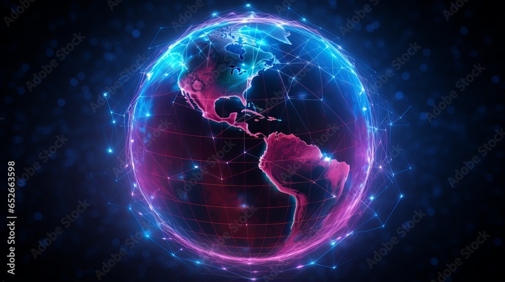 technological progress: globe with neon nexus lines, grid, and nodes ...