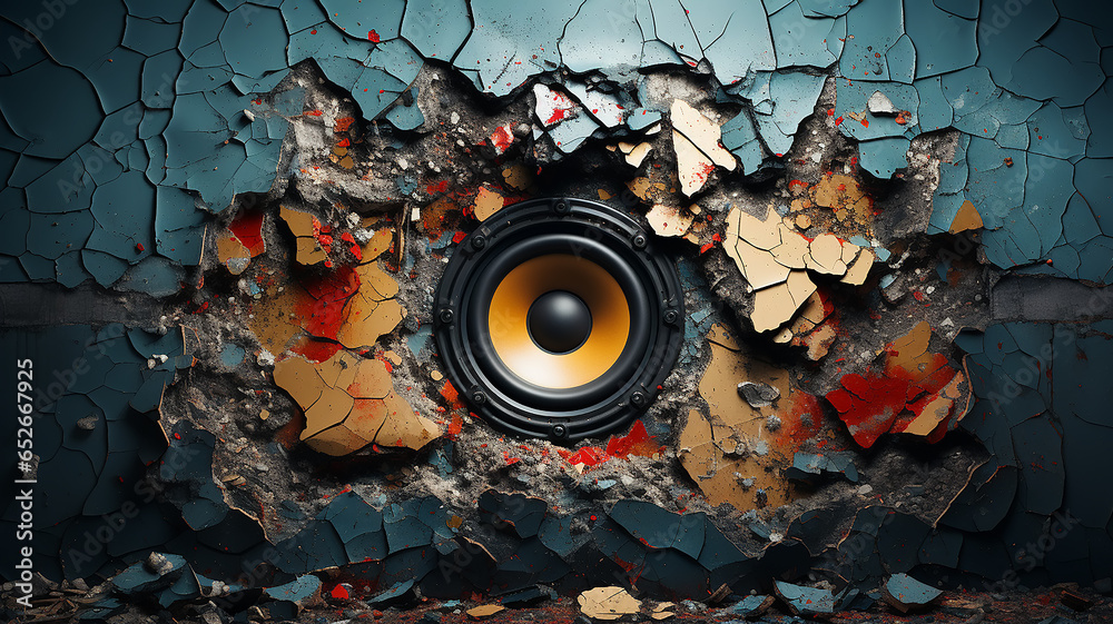 loud background music, cracks on the destroyed speaker from the ...