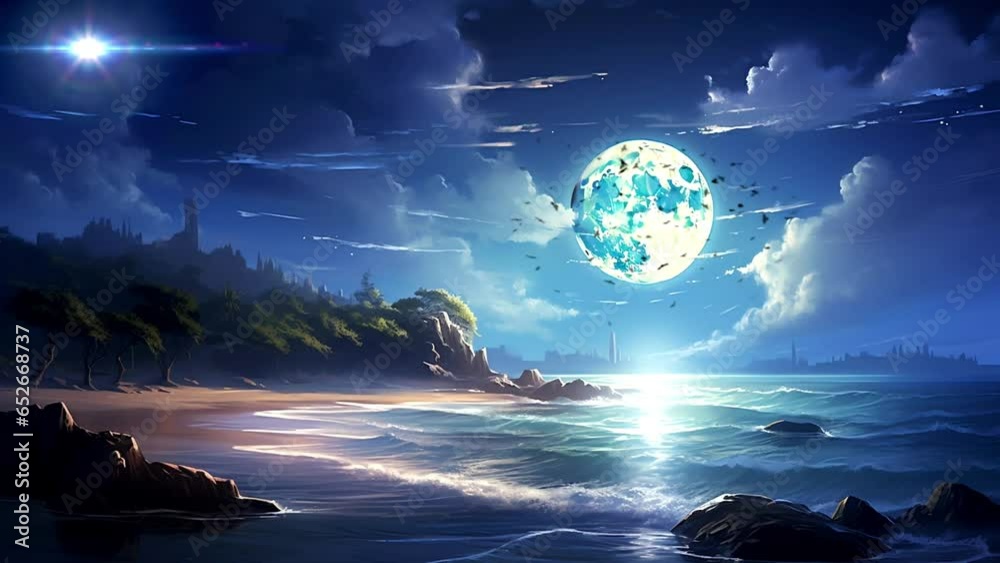 moon over the ocean, seamless looping video background animation ...