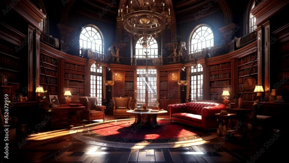 ancient library at night, seamless looping video background animation ...