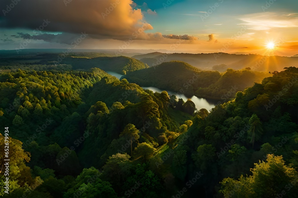 Beautiful green amazon forest landscape at sunset sunrise. Adventure ...