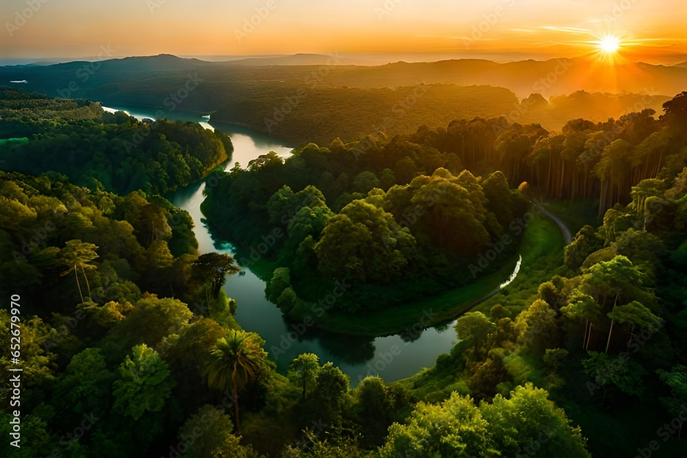Beautiful green amazon forest landscape at sunset sunrise. Adventure ...