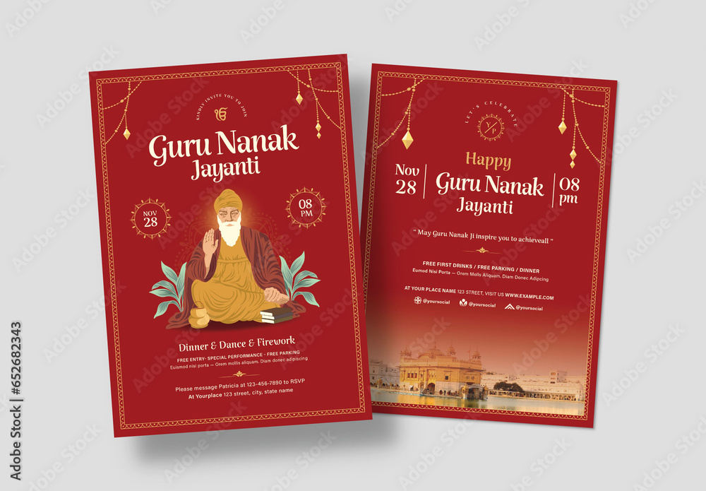 Guru Nanak Flyer Layout for Sikh Festival Event in Red Indian Theme ...