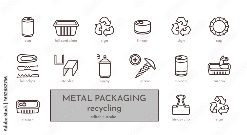Set of 15 domestic metal items and packaging icons you can recycle ...