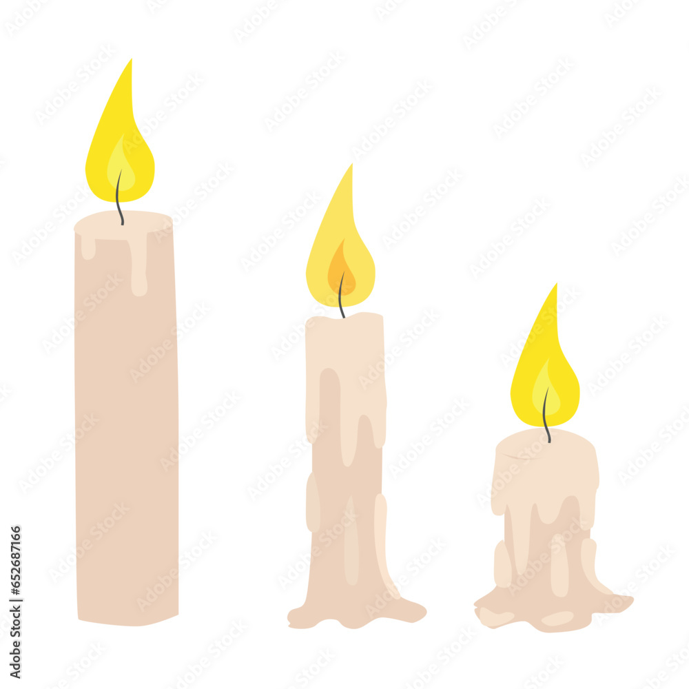 Wax candles with flame in different stages of burn. Buring wax candles ...
