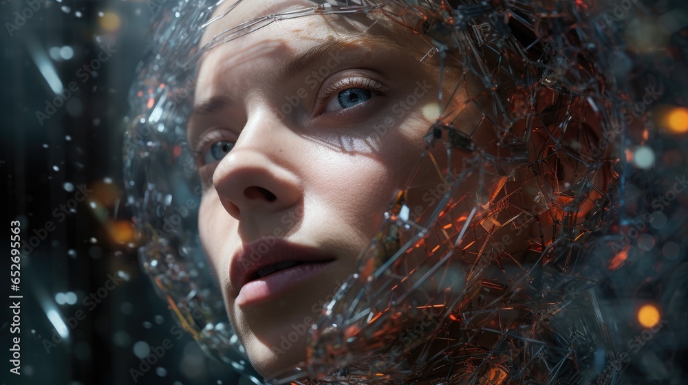 Portrait of futuristic robotic AI powered woman or a girl through glass ...