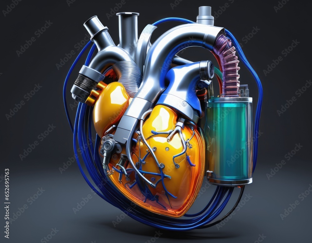 Mechanical heart of blue and yellow ceramics and metal components with ...