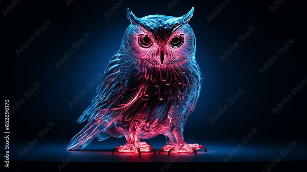 neon glowing generated owl on black background, predatory night bird ...