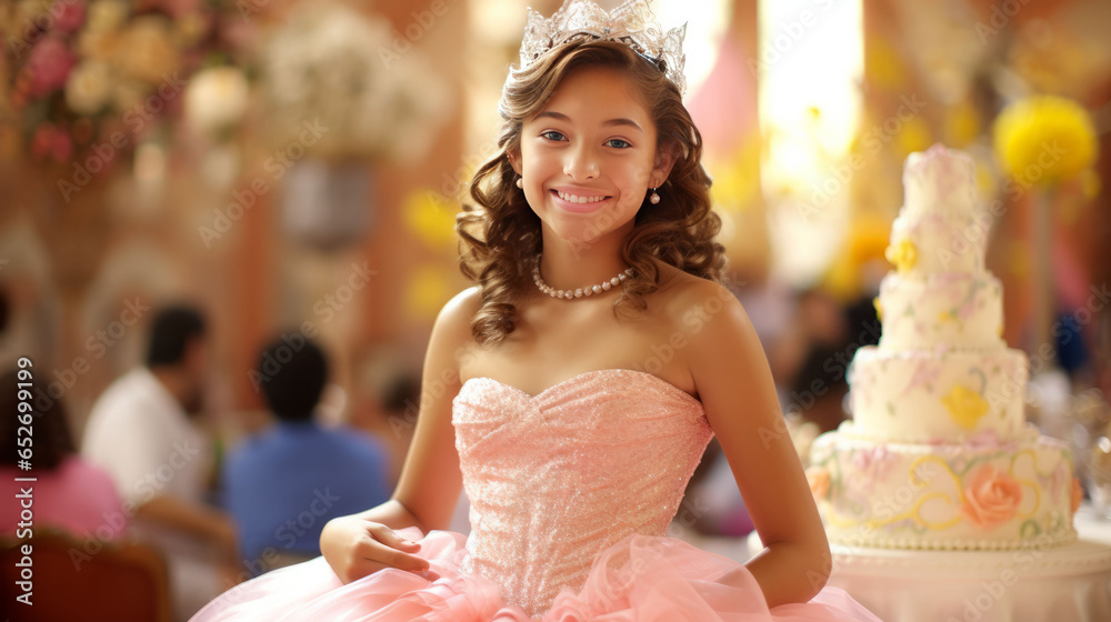 Happy 15 year old girl in dress celebrating Quinceanera Stock Photo ...