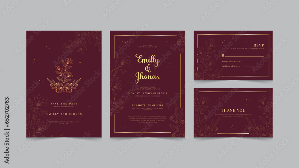 Gold wedding invitation template set, gold floral wedding invite suite ...