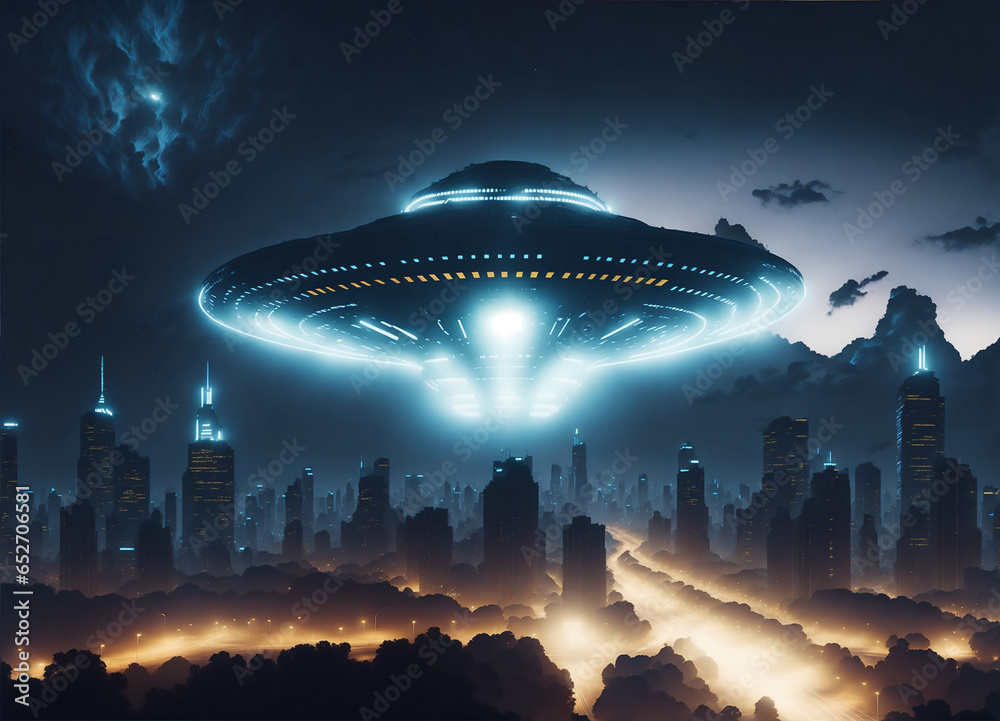UFO in the sky is flying over the night city. A Flying Saucer. Aliens ...