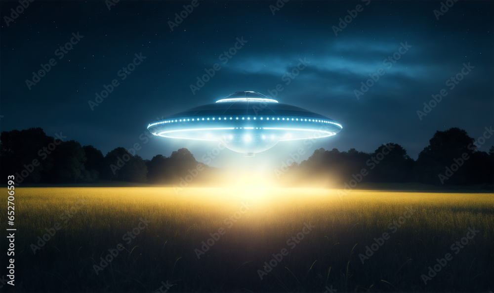 Alien flying saucer over a wheat field at night. UFO Sighting Over the ...