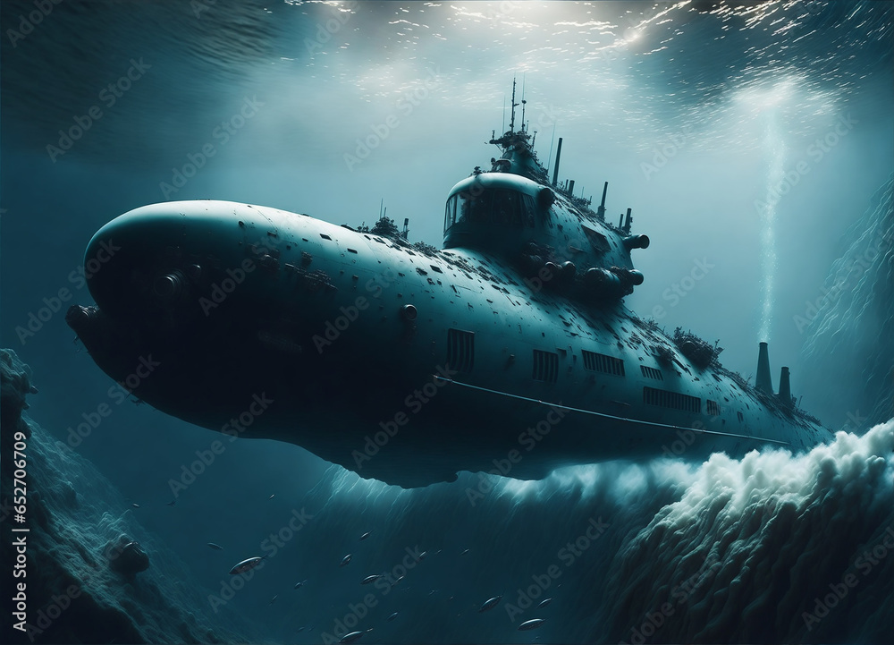 Military submarine submerge underwater during a mission. Generative AI ...