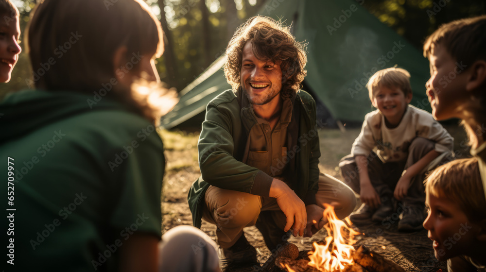 Group of boys scouts on an adventurous camping trip, learning essential ...
