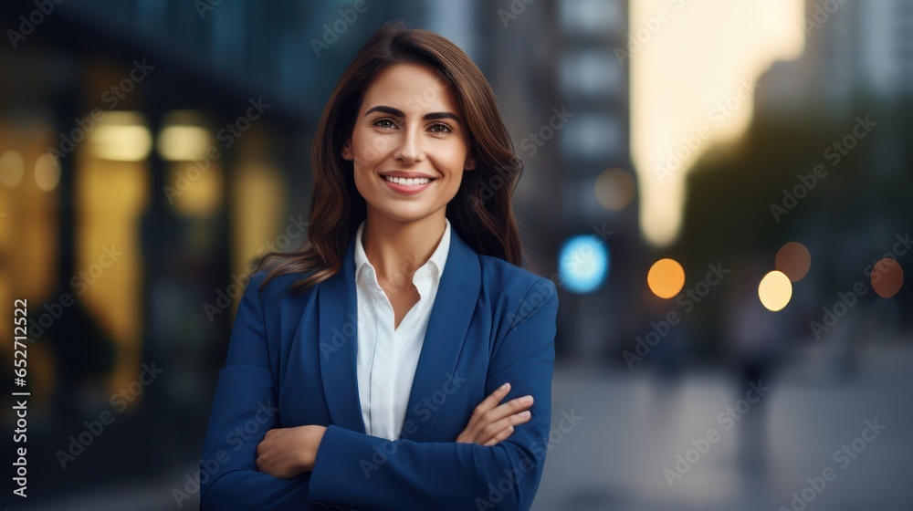 Young confident smiling business woman standing on busy street ...